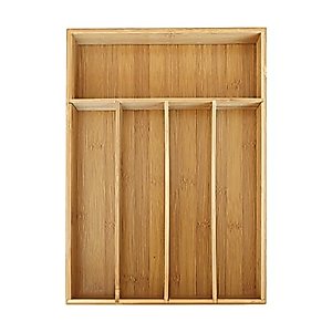 ZROOY Kitchen Bamboo Drawer Organizer Utensils Tray Organizer, Small Silverware Organizer with 5 Compartments for Spoons Forks Knives