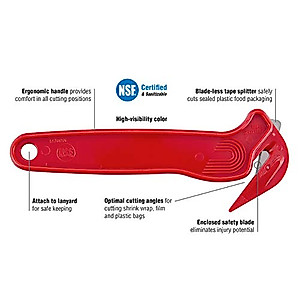 Pacific Handy Cutter DFC364 NSF Certified Food Safe Cutter with Bladeless Tape Splitter, Safe and Efficient Cutting for Cryovac, Plastic Bags, Shrink Wrap, and More, Red
