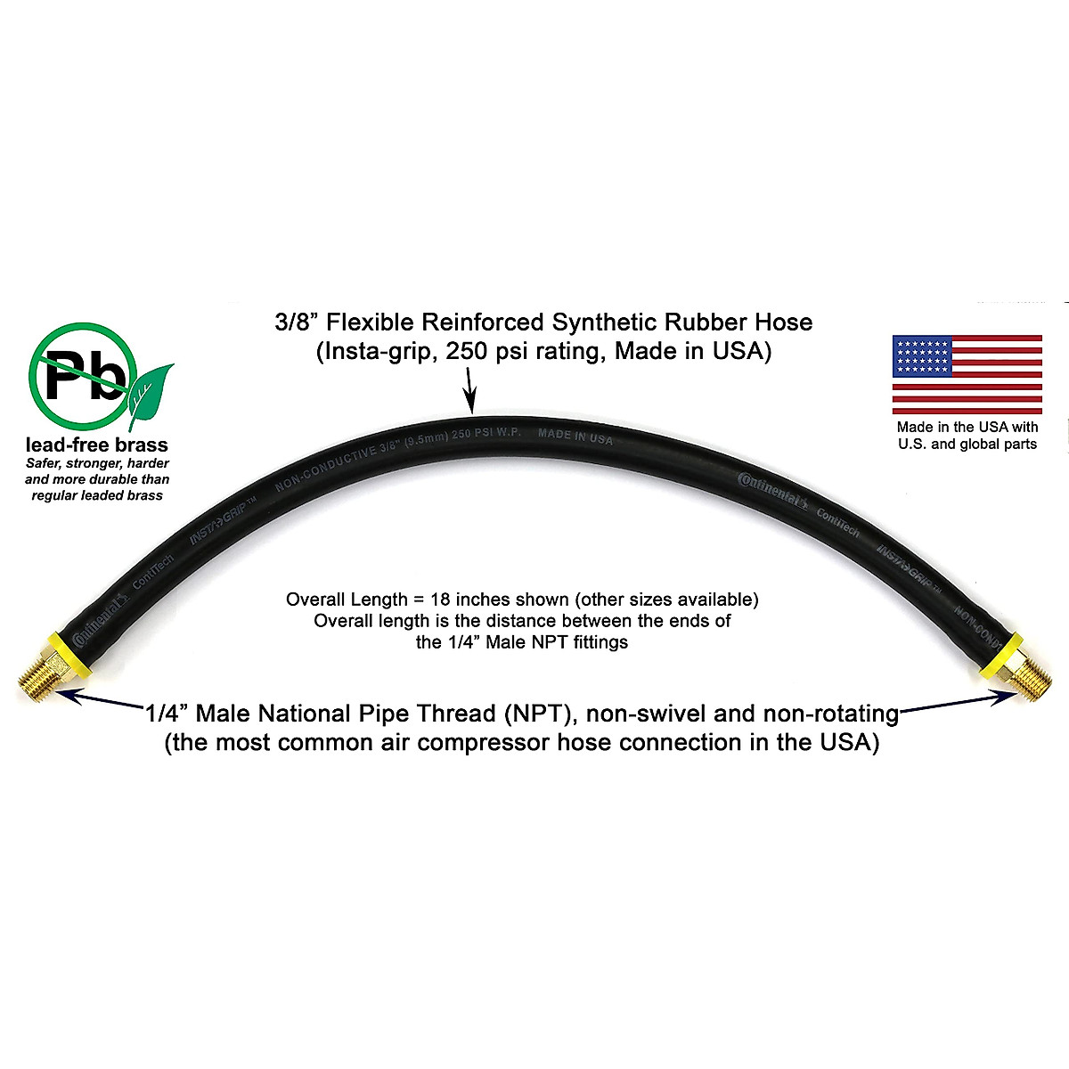 18-inch Short Air Compressor Hose: 1/4" Male NPT To 1/4" Male NPT Connections (Lead-Free Brass)