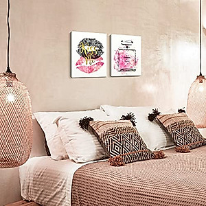 Creoate Fashion Women Canvas Wall Art for Girls Bedroom 2 Pieces Modern Pink Perfume Lady Lips Poster Canvas Print Artwork Framed Set for Women Room Decor,Wrapped Canvas,12x15 Inch x2pcs