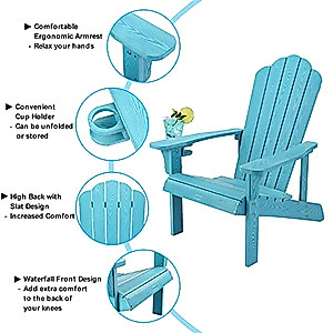 Adirondack Chair Weather Resistant , Hard Plastic Adirondack Chair with Cup Holder, Comfortable Easy to Assemble and Maintain, Outdoor Chair for Patio, Backyard Deck, Fire Pit & Lawn Porch - Lake Blue