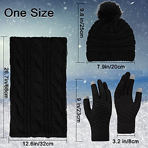 Double Couple 3pcs Winter Beanie Hat Scarf and Touch Screen Gloves Set for Women Knit Hat with Faux Fur Ball Scarves Glove