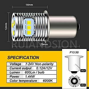 Ruiandsion P13.5S LED Flashlight Bulb Upgrade 18V 19.2V 24V 7-24 Volt P13.5S Base LED Bulbs Replacement for Flashlight Torch Lantern Work Lights,Non-Polarity (Pack of 1)
