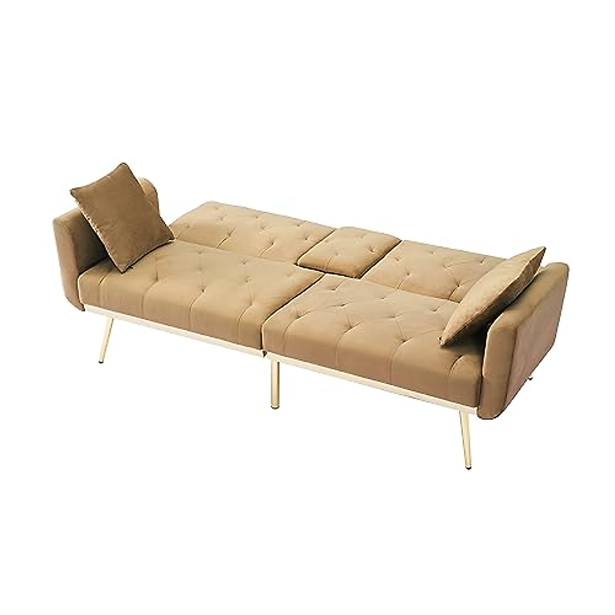 Verfur Button Tufted Convertible Futon Sofa Bed,Modern Velvet Upholstery Sleeper Couch Daybed with 2 Cup Holders and Square Armrests for Small Places Sofabed, Brown 72.4"