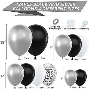 YAOWKY Black and Silver Balloons Garland Arch Kit,124pcs 18 12 10 5 Inch Black White and Silver Confetti Latex Balloons for Happy New Years Eve Party, Graduation, Wedding, Birthday Party Decorations