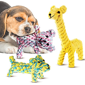 SunGrow Cotton Rope Knot Puppy & Ferret Toys, Tough Teething Chewable Teddy Bear, Giraffe, and Dog, Handwoven for Small Breeds Dog, for Teeth and Gums, Multicolor, 3 Pieces per Pack