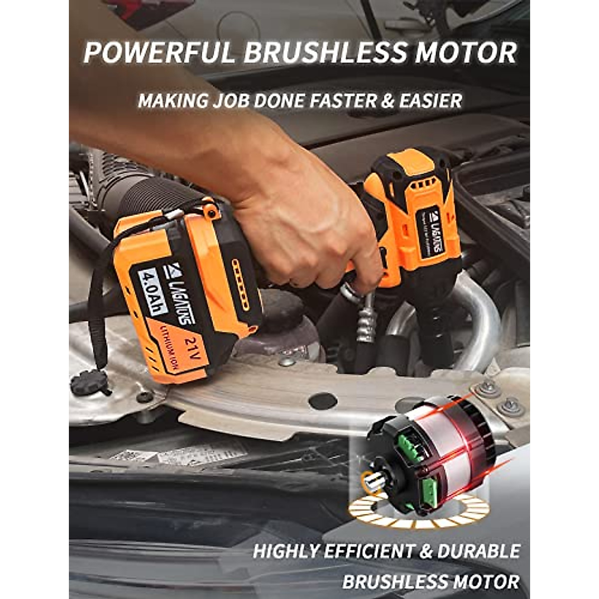 Cordless Impact Wrench,450NM(332ft·lbs) High Torque ，Brushless Motor，1/2 inch impact gun with a 4.0Ah Li-Ion Battery, Suitable for family cars…