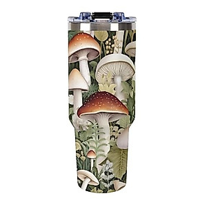 40 Oz Mushroom Plant Insulated Stainless Steel Tumbler with Handle & Straw Lid, Reusable Travel Cupholder Friendly Mug for Coffee, Water, Tea