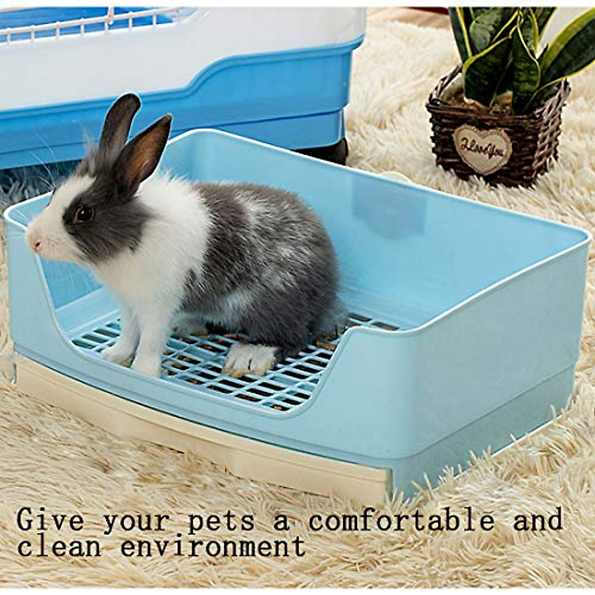 PINVNBY Large Rabbit Litter Box Bigger Pet Litter Pan Trainer with Drawer Corner Toilet Box for Adult Guinea Pigs Chinchilla Ferret Hedgehog Small Animals(Blue)