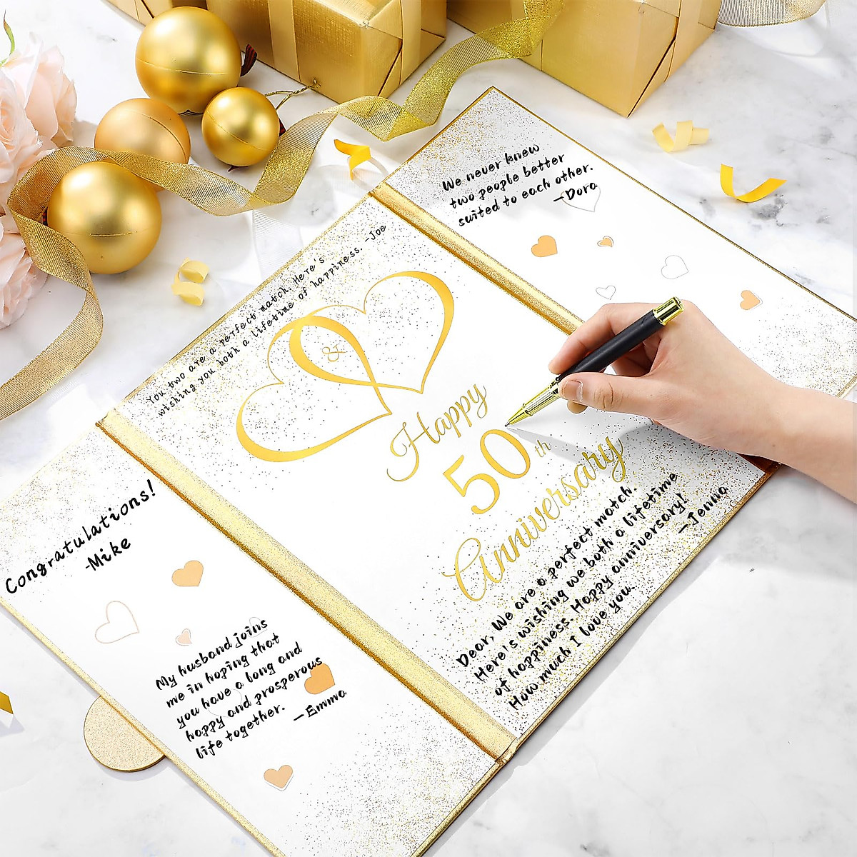 Engrowtic 50th Anniversary Decorations Gold Wedding Anniversary Guest Book with Pen 50 Years Marriage Anniversary Signature Board Happy 50th Anniversary Party Registry Card for Men Women Couple