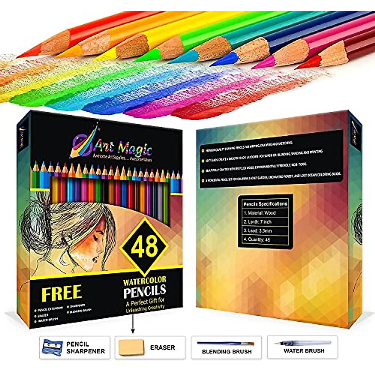 Art Magic Watercolor Pencils, Set of 48 Professional Colored Pencils for Adult and Teens, Premium Art Supplies for Coloring, Blending and Layering