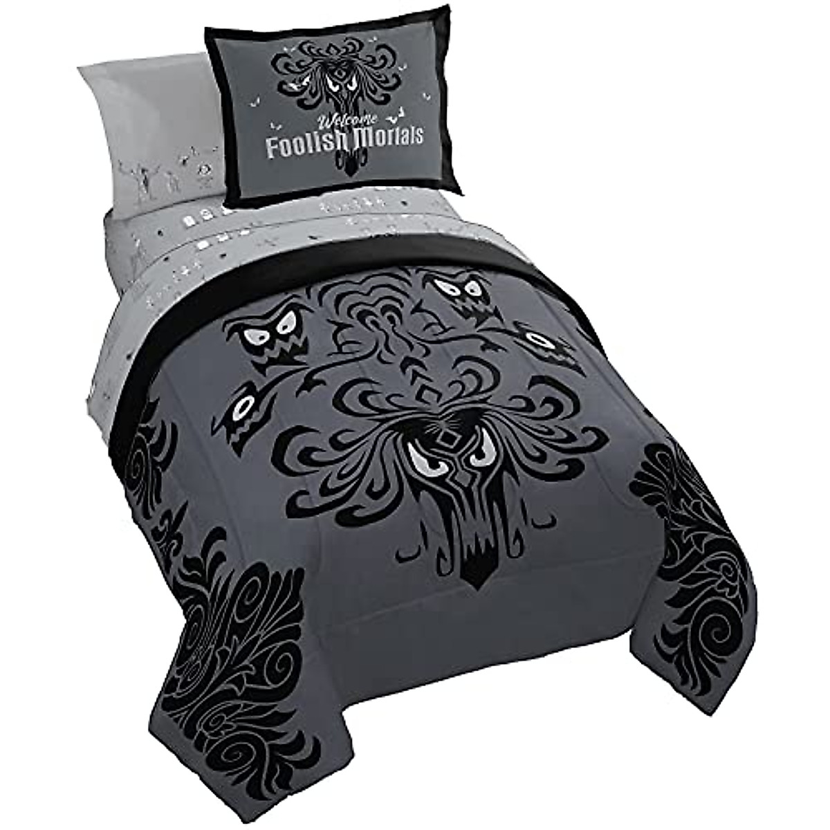 Jay Franco Disney Haunted Mansion Happy Haunts Damask 7 Piece Full Bed Set - Includes Reversible Comforter & Sheet Set - Super Soft Fade Resistant Microfiber - (Official Disney Product)