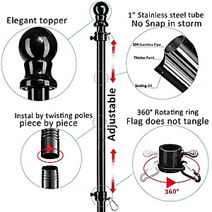 Black Flag Poles for Outside in Ground - 8FT Flag Pole for House with 2 Pronges Base - Stainless Steel Flag Pole Kit with 3x5FT American Flag for Yard Residential Commercial
