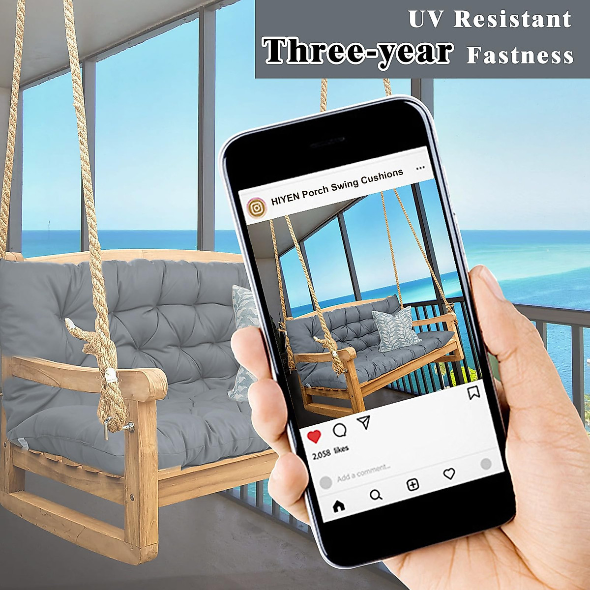 HIYEN Porch Swing Cushions 3 Seater Replacement, Waterproof Bench Cushions for Outdoor Furniture with Backrest, 4" Thickened Patio Swing Cushion with Ties (Light Grey, 70 * 40 inch)