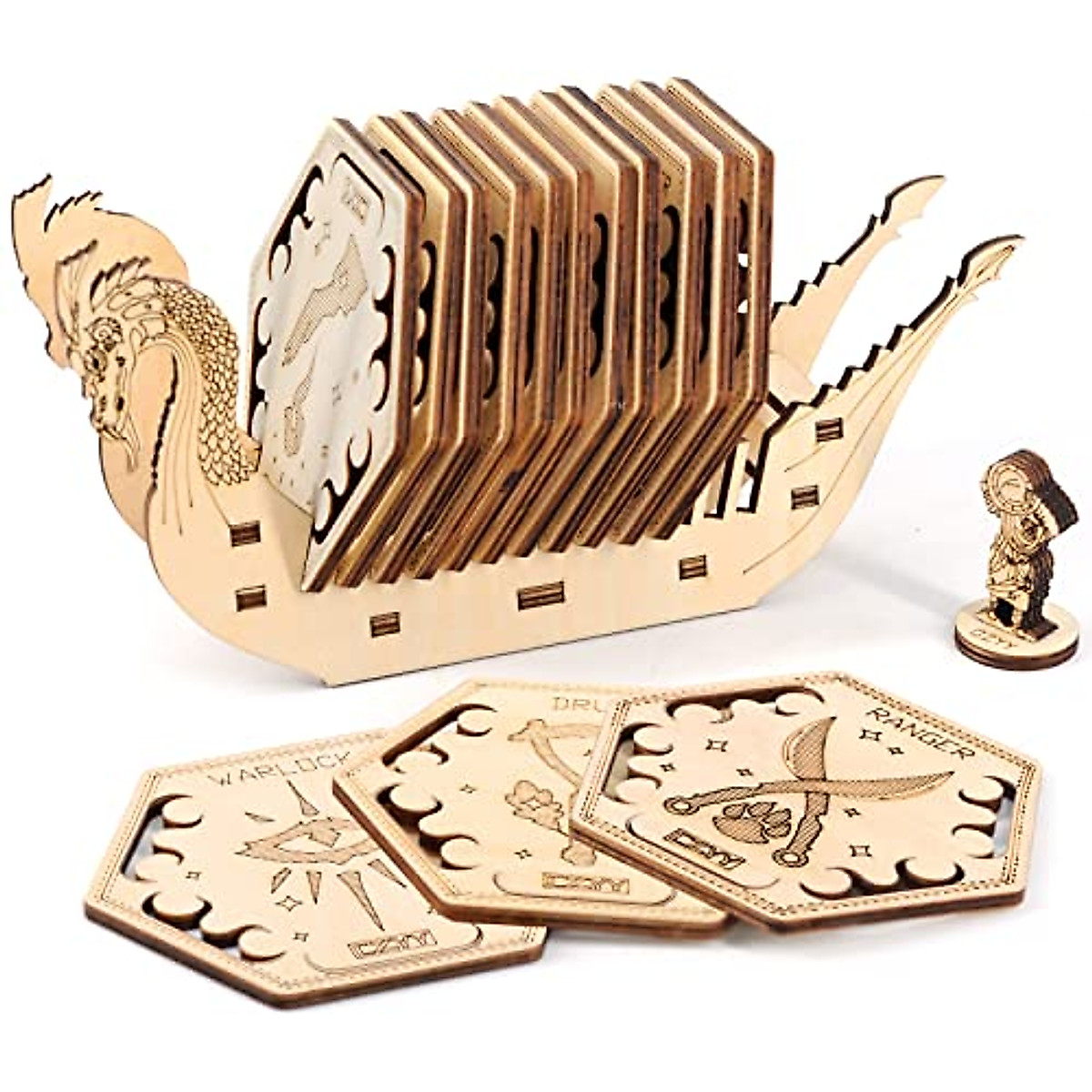 D&D Class Coasters Set of 14 with Holder Hexagon Gaming Mug Mats Wooden Laser Engraved DND Classes Icons Gift for Dungeons and Dragons Fans, Game Master