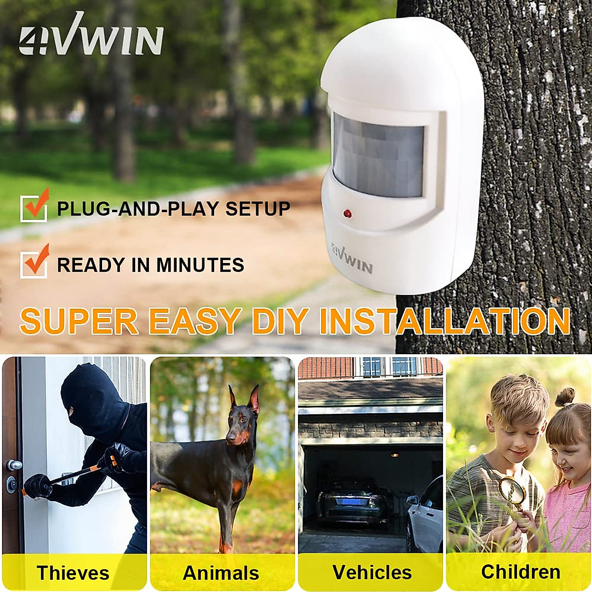 4VWIN Wireless Home Security Driveway Alarm 1 Receiver and 1 PIR Motion Sensor Detector Infrared Alert System Kit