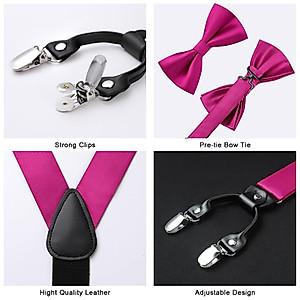 HISDERN Pink Bow Tie and Suspenders for Men Solid Handkerchief 6 Clips Adjustable Y Shape Tuxedo Hot Pink Suspenders & Pocket Square Set Wedding Party Braces