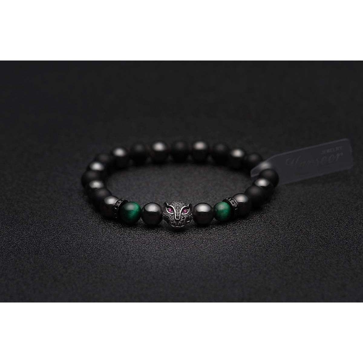 Karseer Black Panther Bracelet, Matte Onyx Natural Crystal and Magnetic Hematite Stone Beaded Elastic Bracelet, Handmade Semi-Precious Stone Jewelry Gift for Men and Women