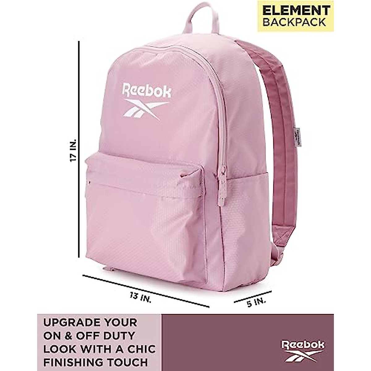 Reebok Backpack - Element Sports Gym Bag - Lightweight Carry On Weekend Overnight Luggage - Casual Daypack for Travel, Beach, Infused Lilac