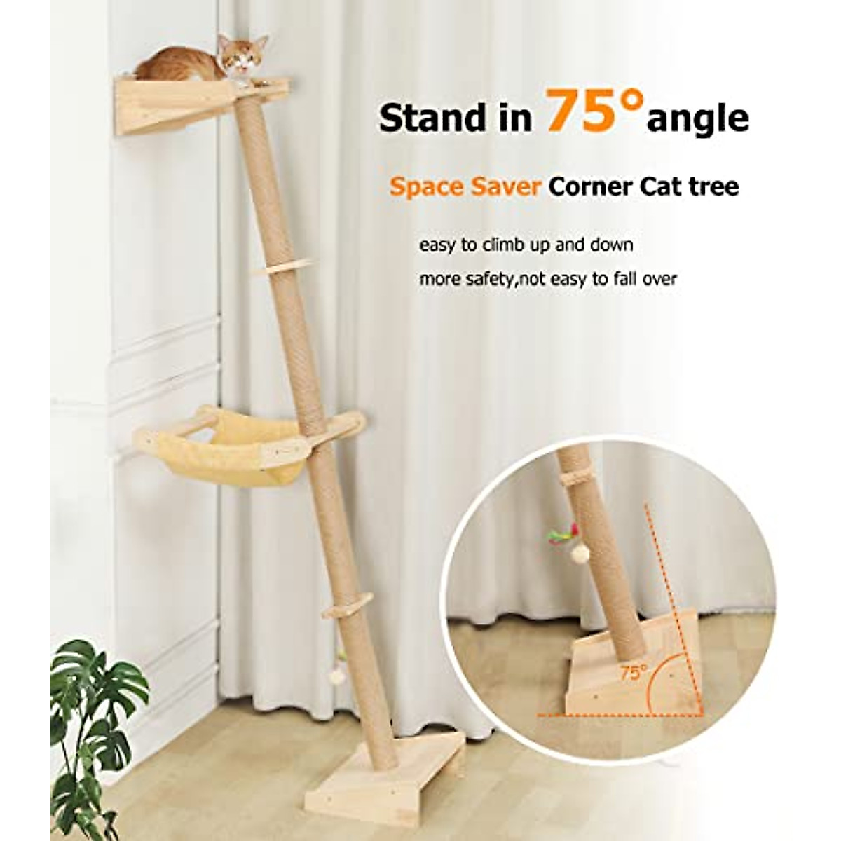 Wall Cat Tree with Hammock, 76" Tall Cat Wall Furniture Lean Against Wall Cats Climbing Tower for Active Indoor Climbers with Simply Suctions to Window