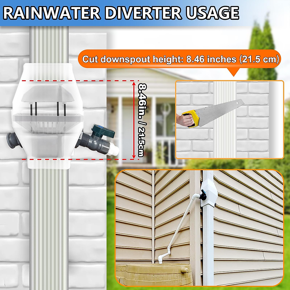Rainwater Collection System, Rain Diverter for 2x3”and 3x4” Standard Downspouts, with PVC 3/4 Spigot and Filtration, White