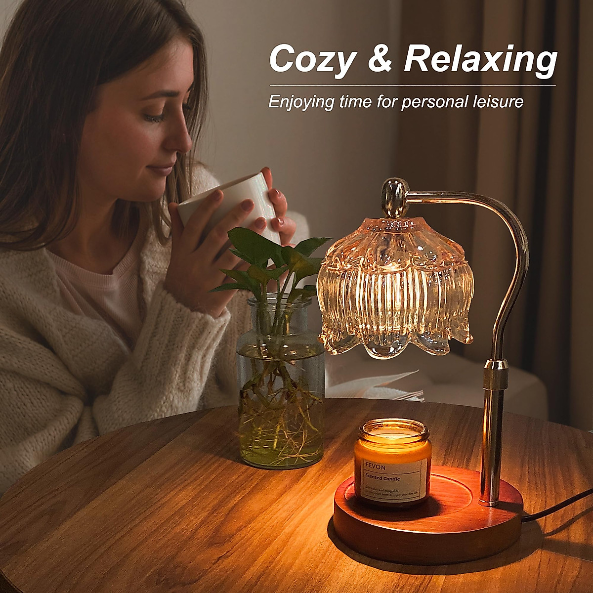 BINLIFA Candle Warmer Lamp with Timer & Dimmer, Adjustable Height Candle Warmer Light Compatible with Large Jar Candles (Walnut)…