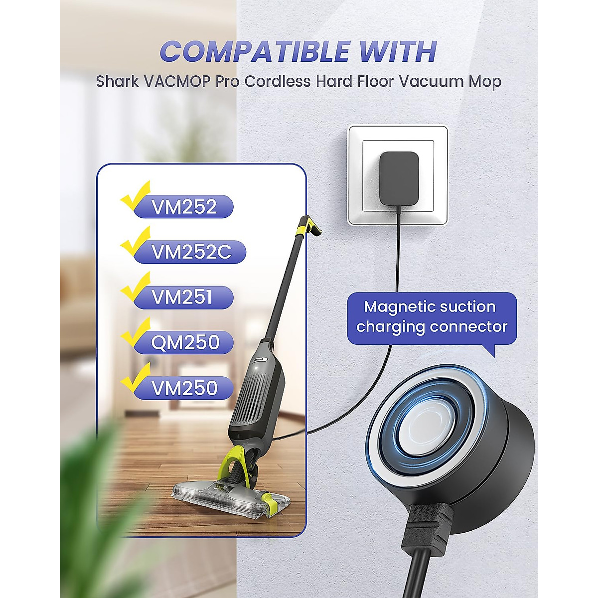 Replacement for Shark VACMOP VM252 VM252C QM252 VM251 VM250 Shark Cordless Hard Floor Vacuum Mop Magnetic Power Cord