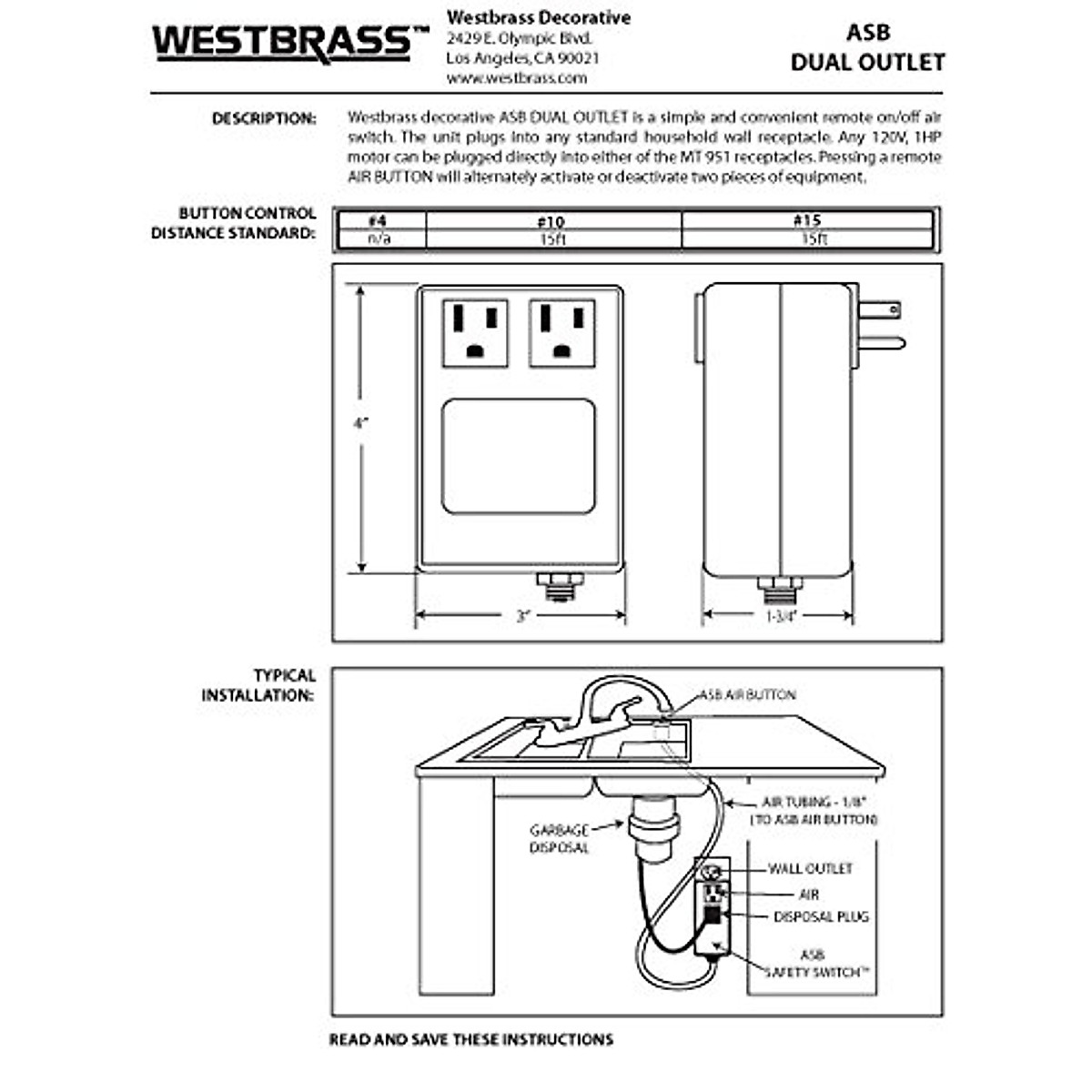 Westbrass ASB-2RB3-20 Sink Top Waste Disposal Air Switch and Dual Outlet Control Box, Raised Button, Stainless Steel