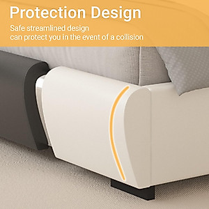 Benevika King Size Bed Frame with Headboard, Faux Leather Modern Low Profile Platform Bed with LED Lights, Strong Wooden Slats Support, No Box Spring Needed, White & Black