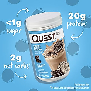 Quest Nutrition Cookies & Cream Protein Powder; 20g Protein; 1g Sugar; Low Carb; Gluten Free; 1.6 Pound; 22 Servings