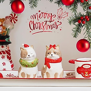 Christmas-Decorative Salt & Pepper Shakers Sets- Ceramic Cat Salt and Pepper Shakers Sets Novelty Christmas Fat Cat Design Easy to Refill & Dispense (Seasoning & Spice) 3.25H inch Newman House Studio