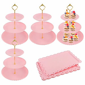10 Pcs Pink Plastic Cake Stand, 4 Pcs 3 Tier Dessert Display Stands Cookie Tray Rack Serving Tray Cake Display Tower and 6 Pcs Dessert Trays for Wedding Baby Shower Tea Party (Pink)