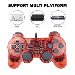 JINHOABF 2 Pack PS2 Wired Controller,Double Shock Gamepad Compatible with Playstation 2 Console (Clear Red and Clear Blue)