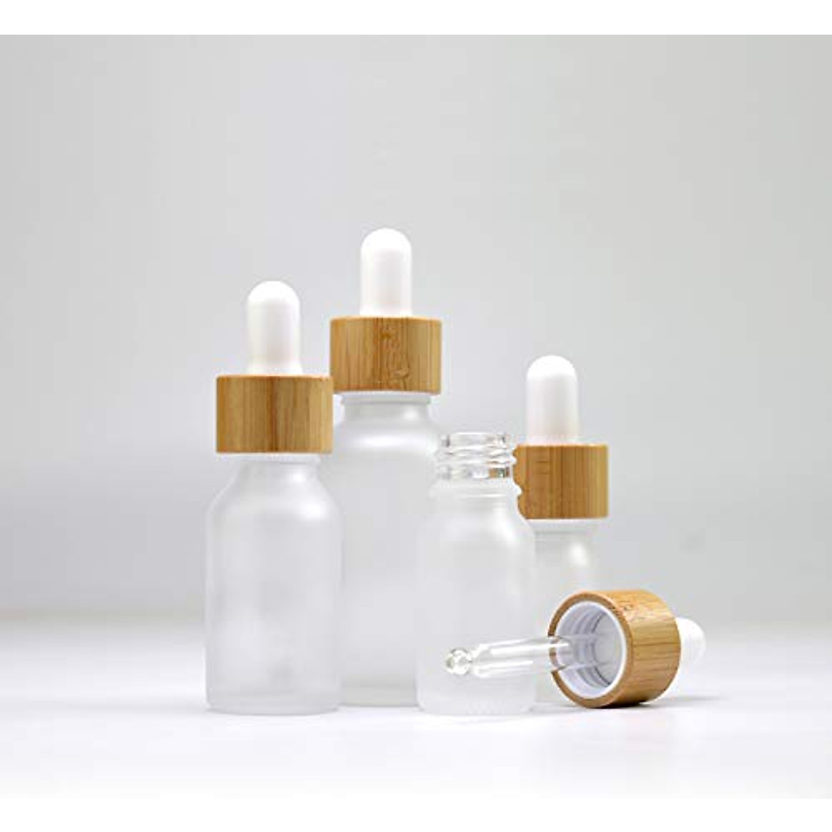 4 Pcs Bamboo Frosted Glass Eye Dropper Bottle,Empty Essential Oil Bottles With Pure Glass Pipettes,Bamboo Cap Makeup Travel Cosmetic Sample Container-Pipette&Funnel included (15ml/0.5 Ounce)