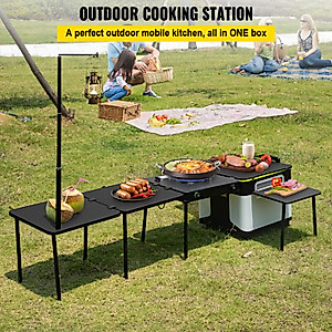 VEVOR Camping Kitchen, Outdoor Cooking Station Multifunctional Integrated Box with Wheels & Windproof Stove Portable Folding Tables Storage Organizer, for Picnic BBQ Beach Traveling, Black