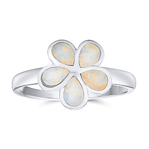 Bling Jewelry White Created Opal Hawaiian Plumeria Flower Ring For Women For Teen .925 Sterling Silver October Birthstone