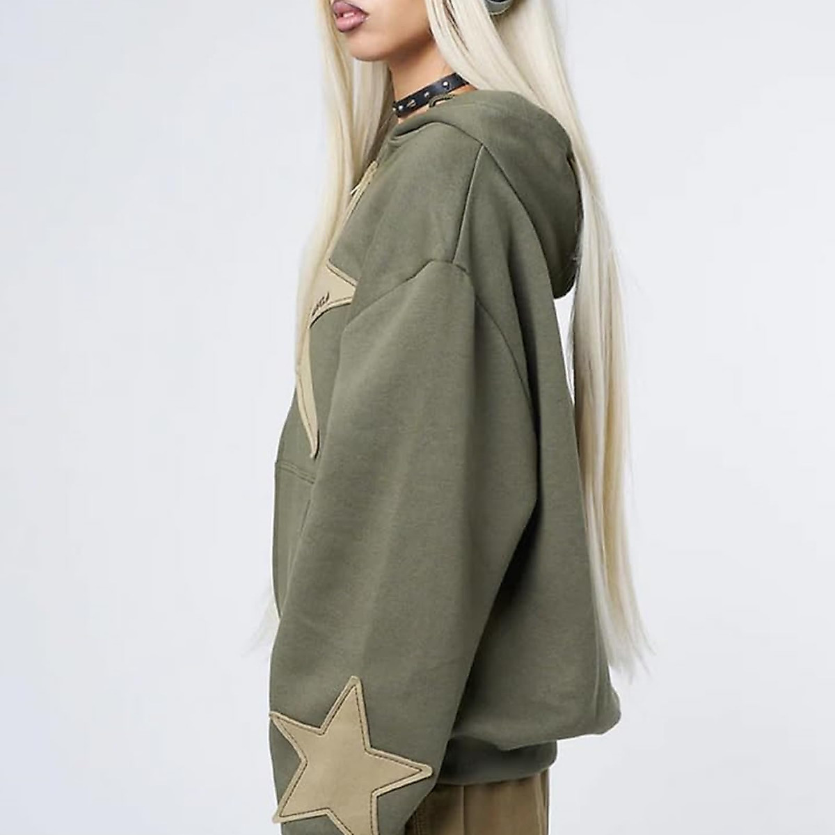 Karwuiio Women Y2k Zip Up Hoodies Star Graphic Long Sleeve Jackets Hip Hop Harajuku Oversized Hooded Sweatshirt(Gray Green,L)