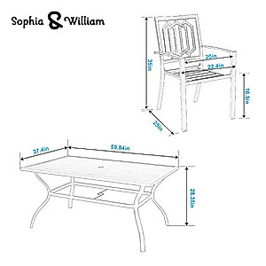 Sophia & William Patio Dining Set 7 Pieces Metal Outdoor Furniture Set, 6 x Metal Stackable Garden Chairs, 1 Patio Rectangle Umbrella Table Wood Like for Backyard Pool