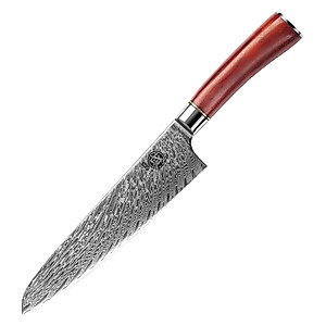 MITSUMOTO SAKARI 7.5 inch Japanese Damascus Chef Knife, 67-Layer Hand Forged VG-10 Damascus Santoku Knives, Professional Japanese Kitchen Meat Sushi Knife (Kotan Wood Handle & Gift Box)