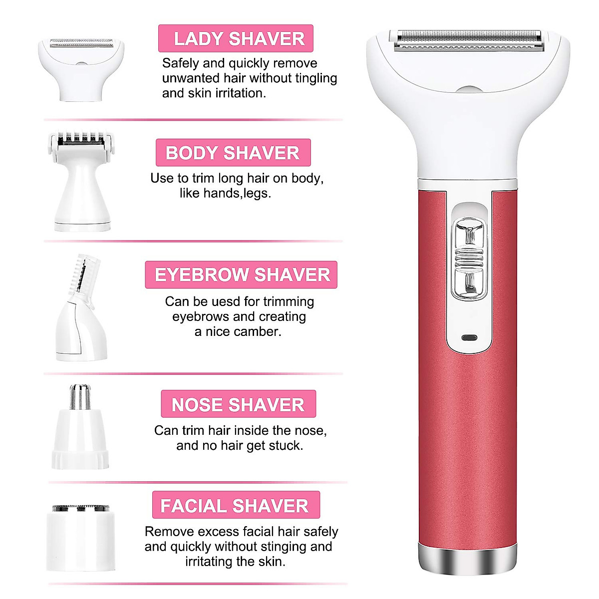 Hair Remover for Women, Painless 5 in 1 Waterproof Lady Electric Shaver USB Rechargeable, Womens Facial Shaver for Bikini,Nose Hair,Eyebrow,Arm,Leg Facial Hair Remover (Pink)
