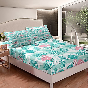 Manfei Flamingo Kids Sheet Queen Size,Palm Leaves Tropical Plants Bedding Set,Girls Boys Adults Bedroom Decor,Cartoon Animals Stripes Pink Romantic Bed Sheet Set 4pcs(Fitted + Flat + 2 Pillowcases)