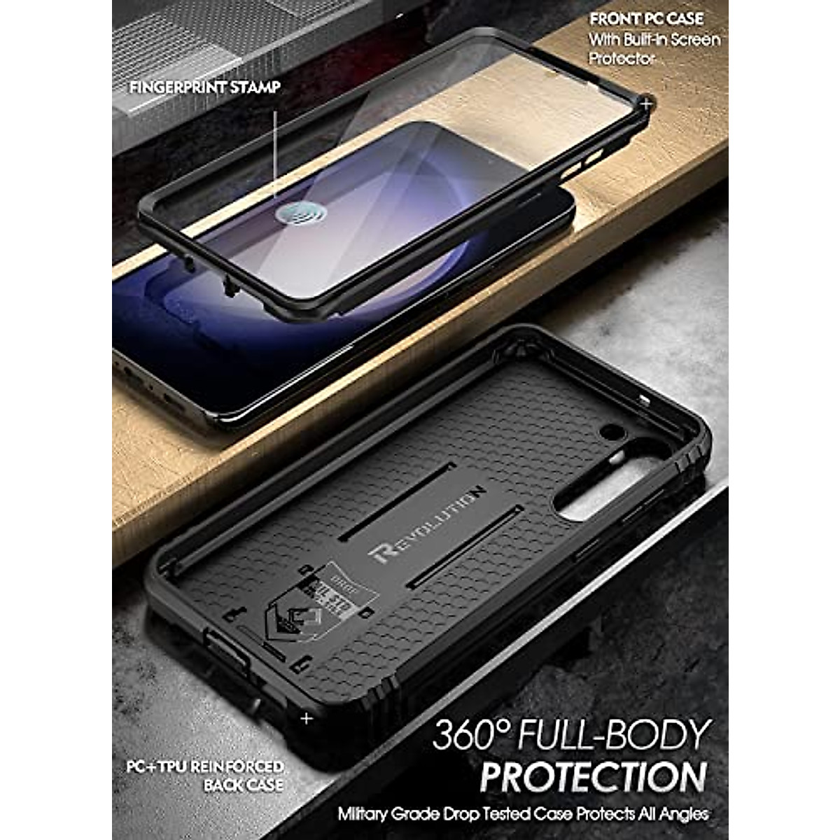 Poetic Revolution Case for Samsung Galaxy S23+ Plus 5G 6.7" (2023), Built-in Screen Protector Work with Fingerprint ID, Full Body Rugged Shockproof Protective Cover Case with Kickstand, Black
