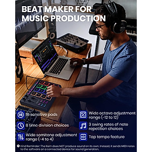 Fesley MIDI Controller Professional, Beat Maker Machine with 16 Beat Pads, MPC with 2 Assignable Fader & Knobs, Portable MIDI Pad Controller, Beat Machine for Music Making