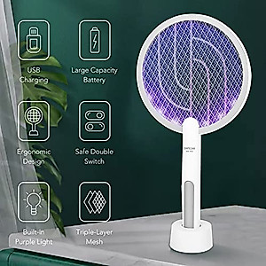 Bug Zapper, ZAPGEAR USB Rechargeable Electric Fly Swatter, 1200mAh with Charging Base, Home Night Lamp, 3000 Volt Mosquito Zapper, Indoor Mosquito Killer & Insect Killer Against Flies, Moths (Medium)