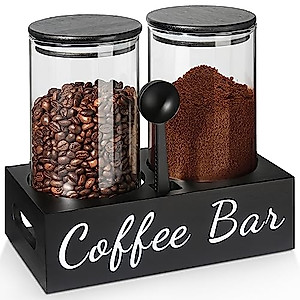 GMISUN Coffee Containers, 2Pcs 50oz Black Glass Coffee Bean Storage Canister with Airtight Lid, Coffee Sugar Container Set with Shelf, Scoop&Label, Coffee Jar for Coffee Bar Ground Coffee Sugar Tea