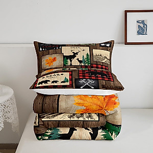 Manfei Rustic Comforter Set King Size, Wildlife Deer Bear Trees Print Quilt Set with 2 Pillowcases, Farmhouse Style Camping Bedding Set 3pcs for Kids Boys Teens Bedroom Decor