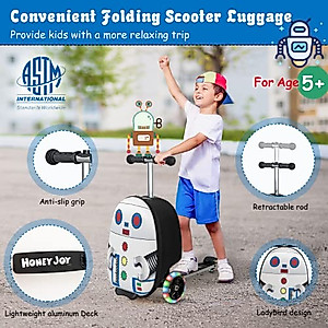 HONEY JOY Kids Scooter Suitcase, 18” Children Carry on Scooter Luggage w/Light-up LED Wheels, Waterproof Shell & Retractable Handle, Lightweight Foldable Ride on Suitcase for Kids Boys Girls(Robot)