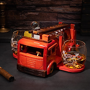Firetruck Whiskey Decanter with Two 12 oz Glasses Gift Firefighter Gifts, Fireman, Fireman Figurine, Police Gifts, Fire Department Gifts, Gift for Firefighters ! 600ml 13" L 6" H Gifts for Dad