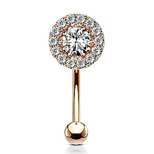 Forbidden Body Jewelry 16g 8mm Curved Barbell for Daith, Eyebrow, Rook & Belly w/Double Tier Round CZ Top, Clear/Rose Gold Tone