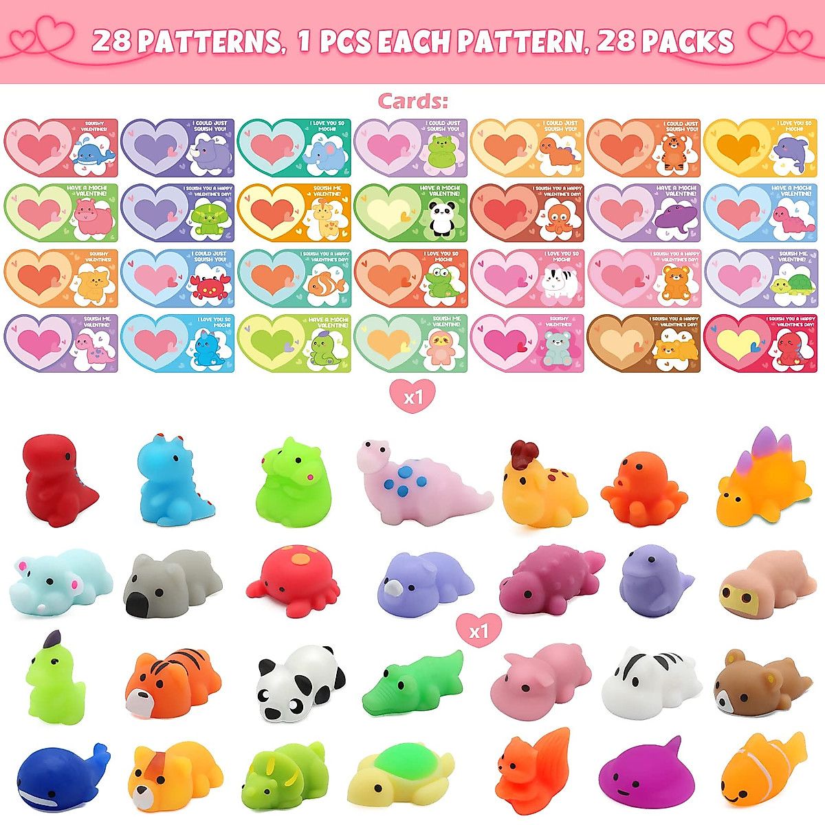 SURCVIO 28 Pack Valentines Day Gifts for Kids, Mochi Squishies Party Favor Set with Valentines Greeting Cards for Kids, Valentine's Day School Prize Party Favor, Classroom Exchange Gift Set